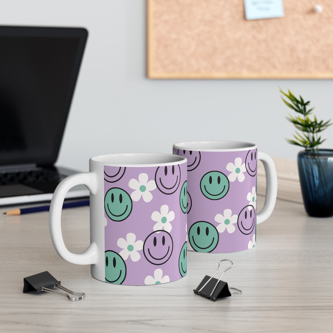 Smiley Faces and White Retro Lilac Pastel Floral Mug 11oz - Etsy