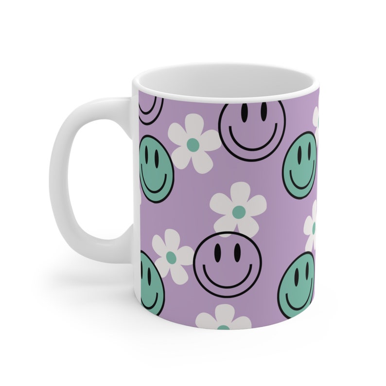 Smiley Faces and White Retro Lilac Pastel Floral Mug 11oz - Etsy