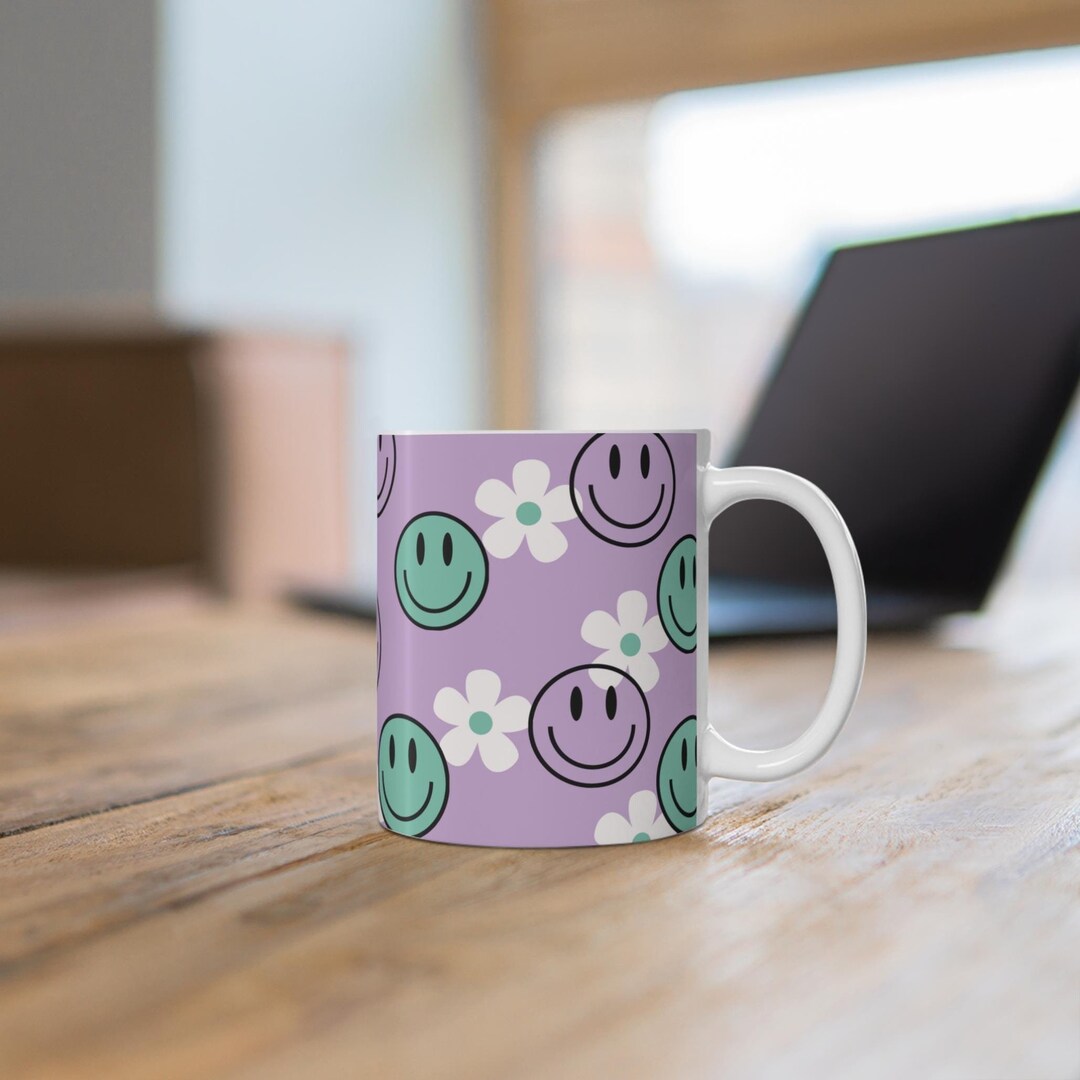Smiley Face & Lilac Flower Mug: Retro Pastel Ceramic Coffee Cup (11oz ...