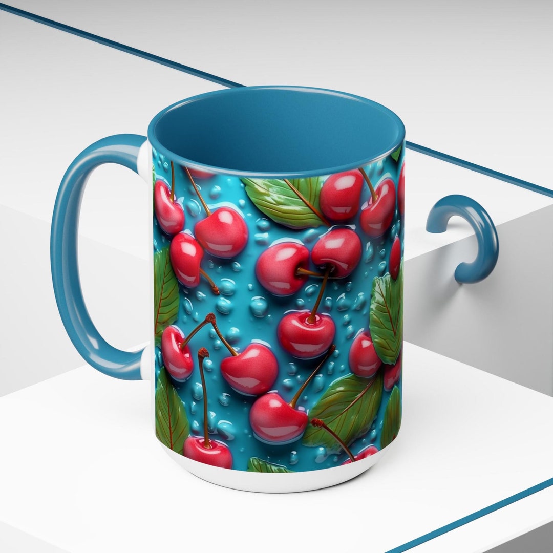 Retro Blue Cherry Accent Mug: 15oz Ceramic Coffee Mug - Etsy