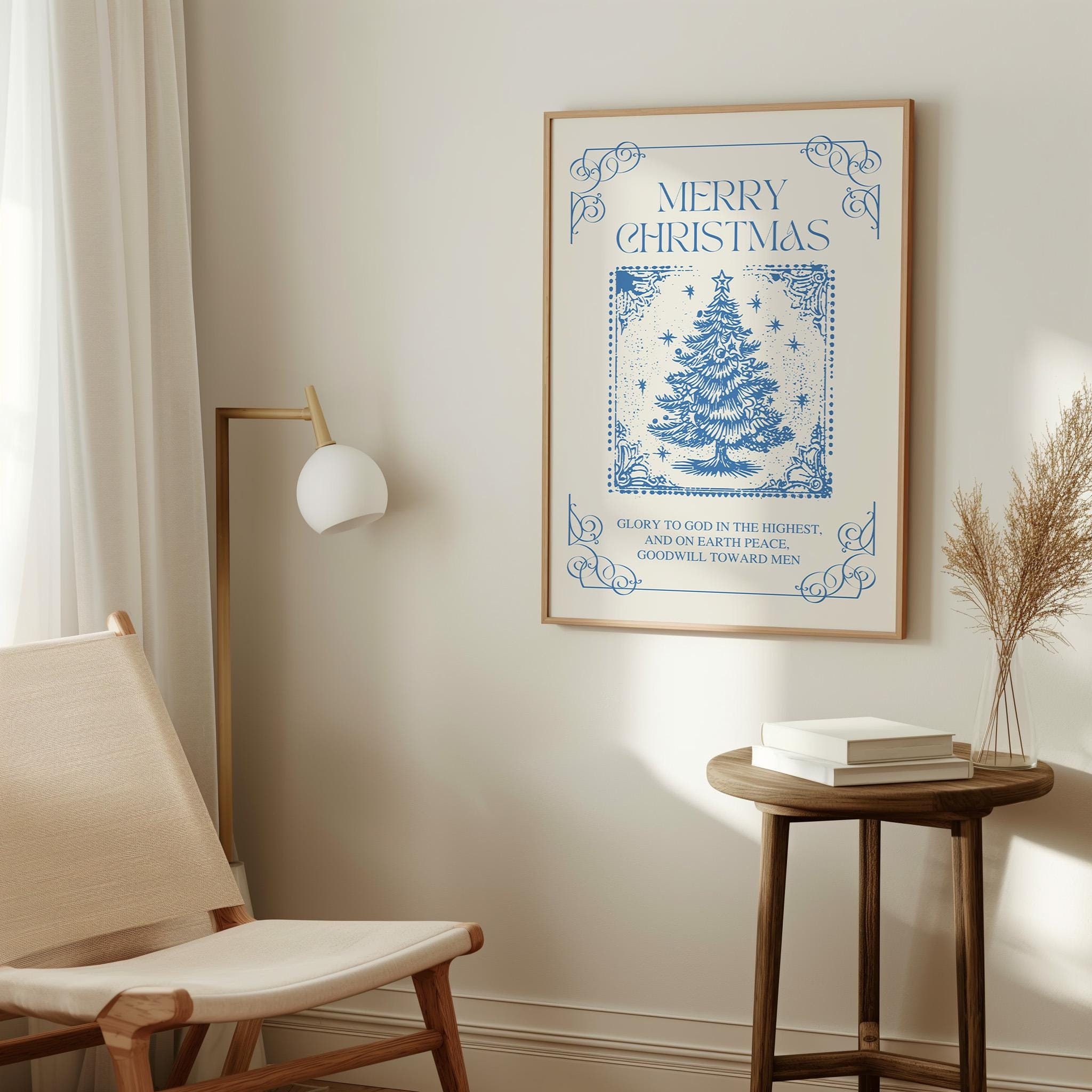 Blue Merry Christmas Poster Modern Christian Christmas Tree Blue Bible ...