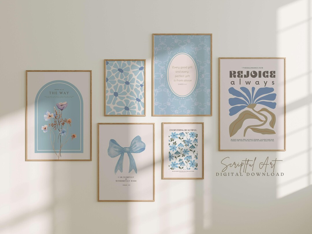 Christian Wall Art Blue Modern Bible Verse Prints, Retro Floral Posters ...