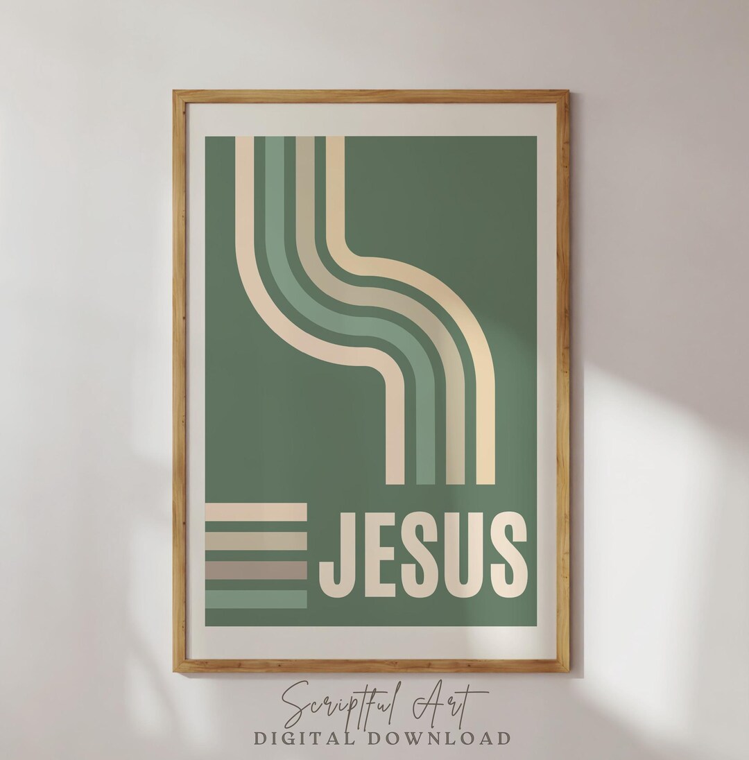 Trendy Christian Wall Art Printable, Green Retro Jesus Poster, Modern ...