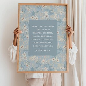 Light Blue Christian Wall Art Floral Poster, I Know the Plans I Have ...