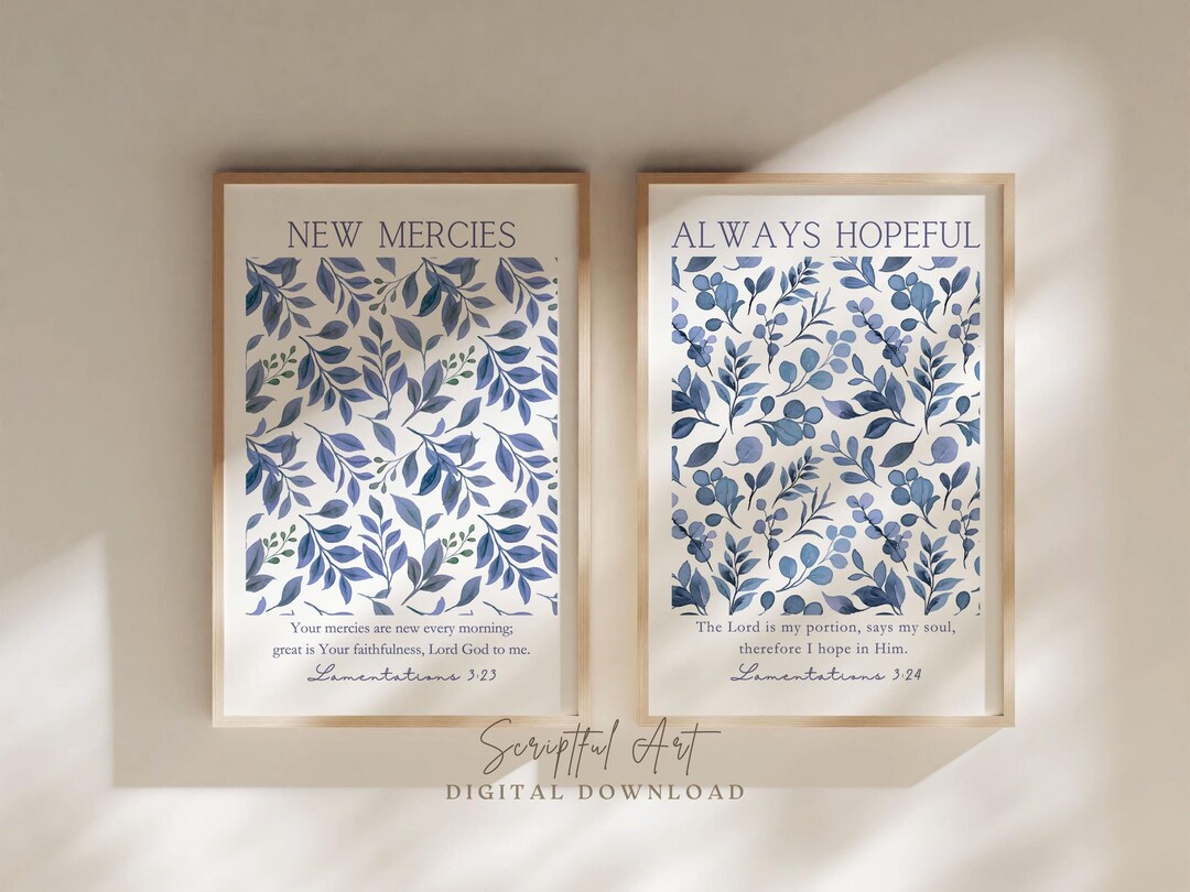 Blue Christian Wall Art Set of 2, Watercolor Botanical Bible Verse ...
