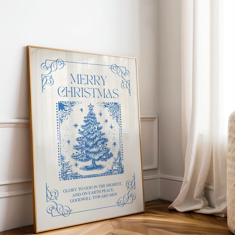 Blue Merry Christmas Poster Modern Christian Christmas Tree Blue Bible ...