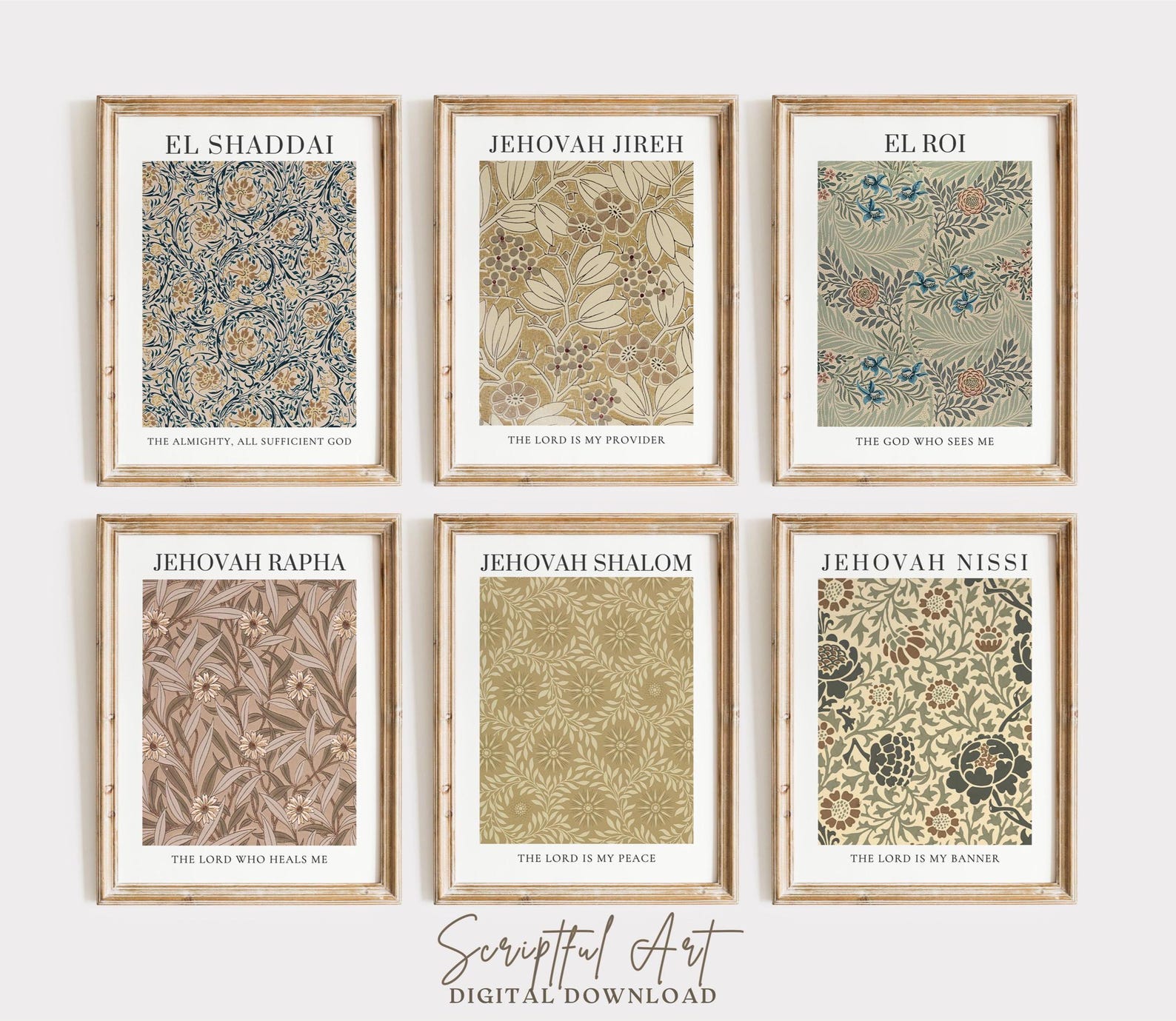 Set of 6, Hebrew Names of God Printable Vintage Botanical Patterns, El ...