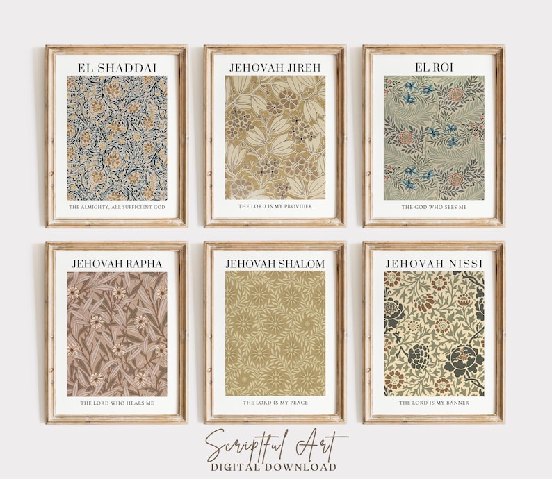 Set of 6, Hebrew Names of God Printable Vintage Botanical Patterns, El ...