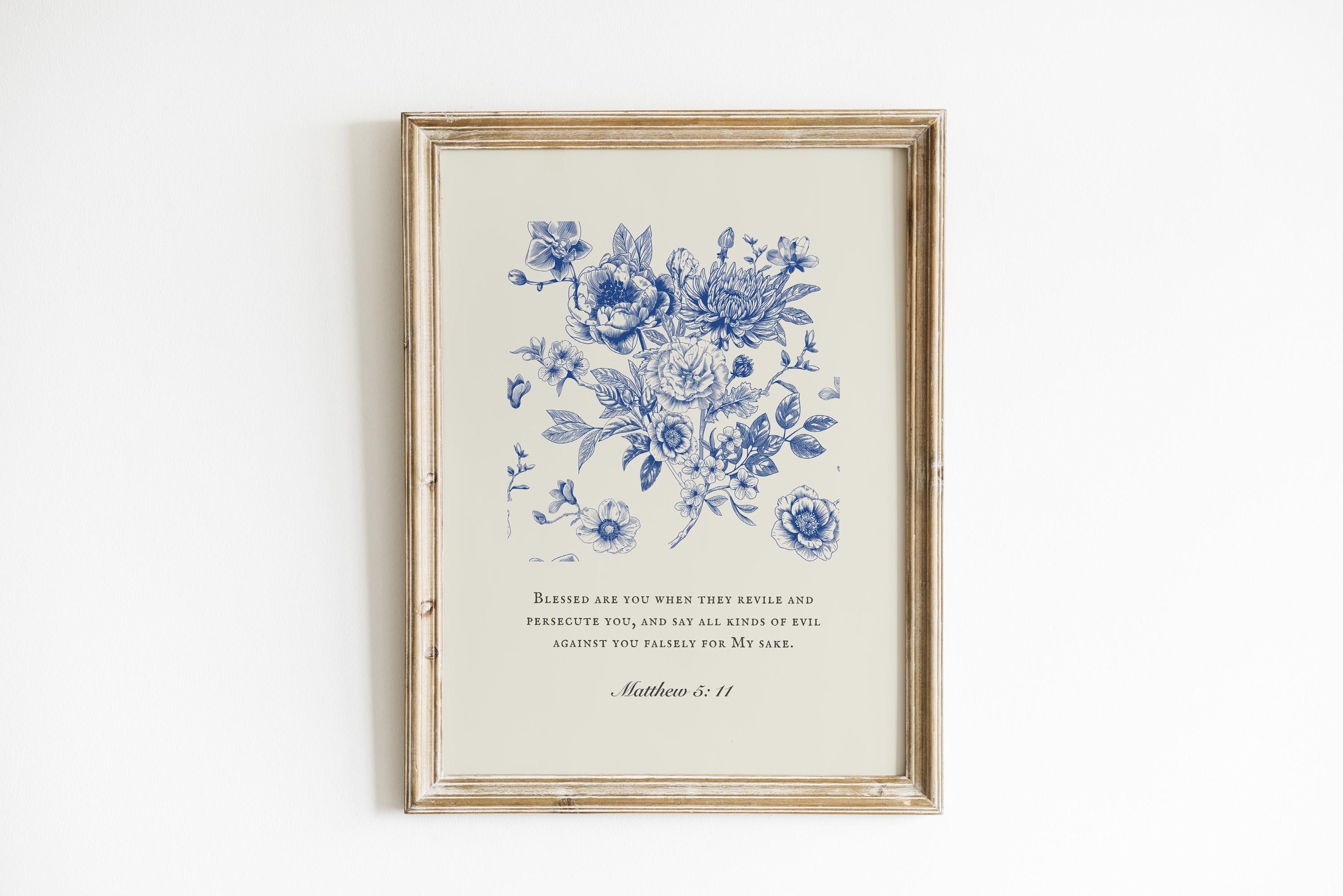 Blue Botanical Bible Verse Prints the Beatitudes, Sermon on the Mount ...