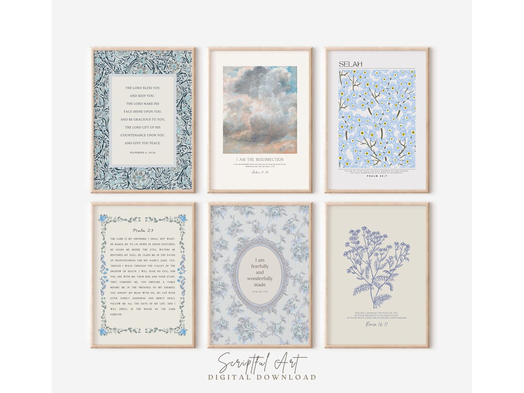 Christian Wall Art Blue, Set of 6, Modern Bible Verse Prints Girly ...