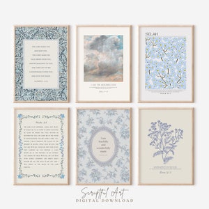 Christian Wall Art Blue, Set of 6, Modern Bible Verse Prints Girly ...