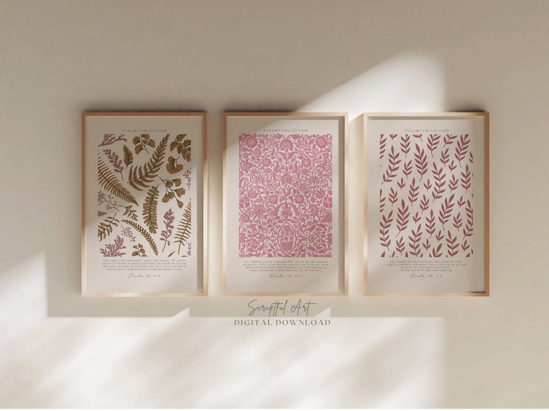 Psalm 23 Pink Christian Wall Art Set of 3, Vintage Botanical Posters ...