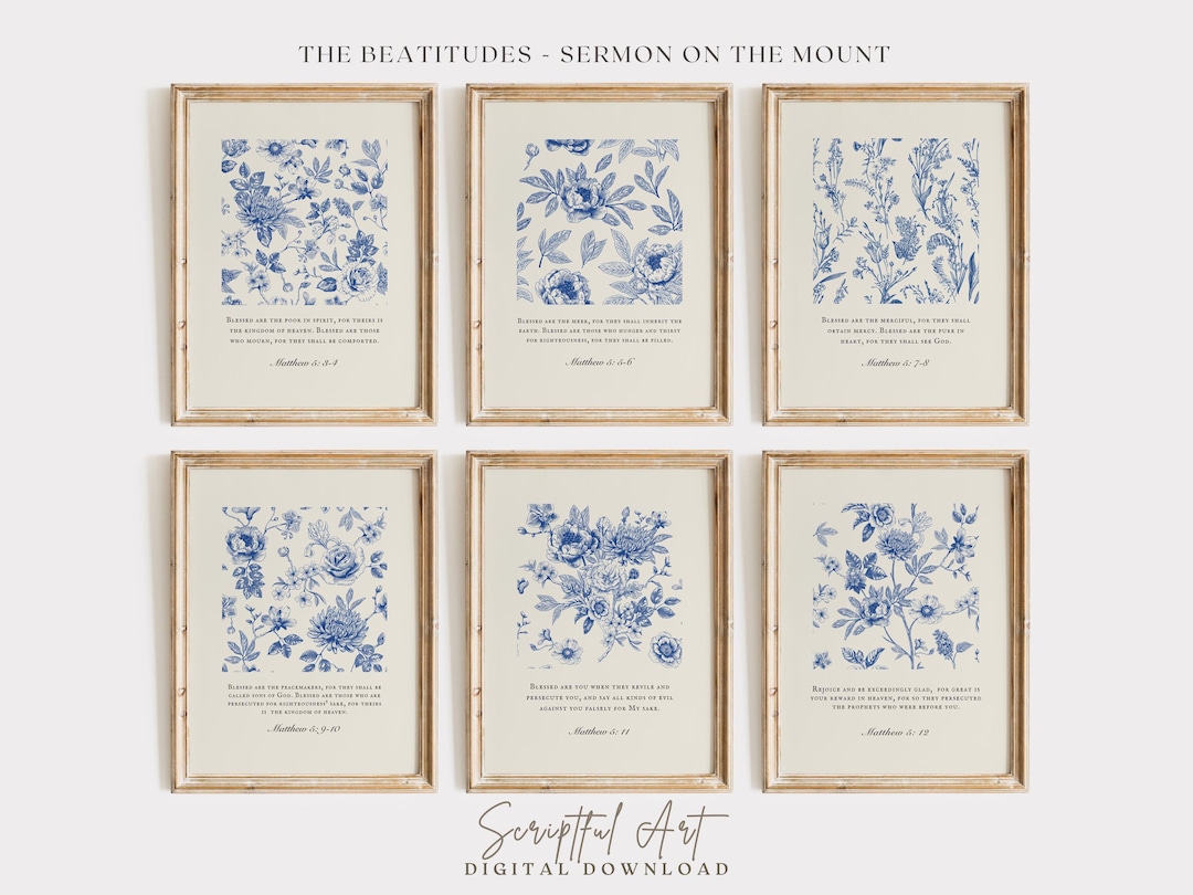 The Beatitudes, Sermon on the Mount, Christian Wall Art Blue Botanical ...