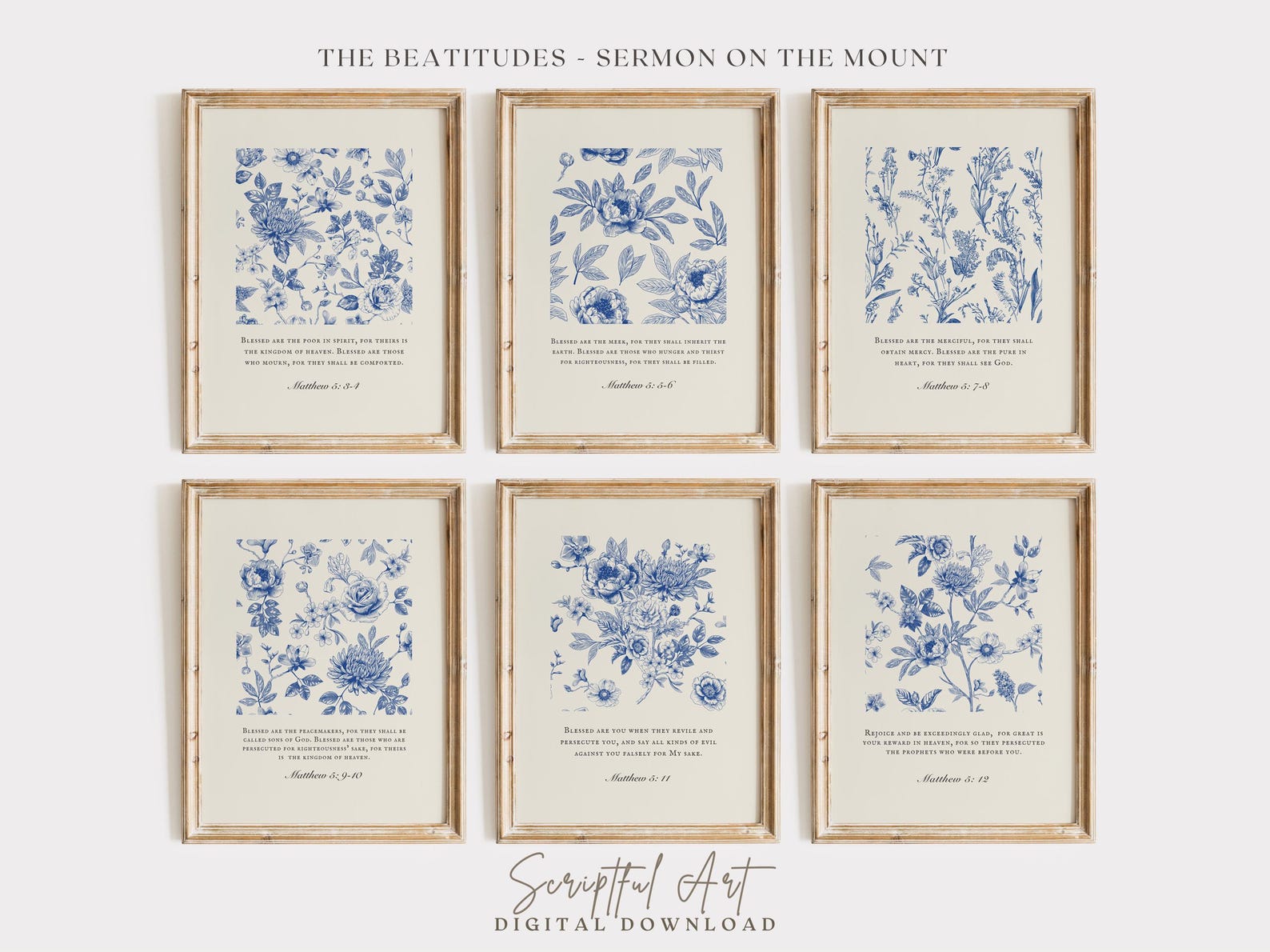 Blue Botanical Bible Verse Prints the Beatitudes, Sermon on the Mount ...