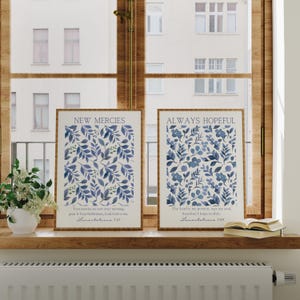 Blue Christian Wall Art Set of 2, Watercolor Botanical Bible Verse ...