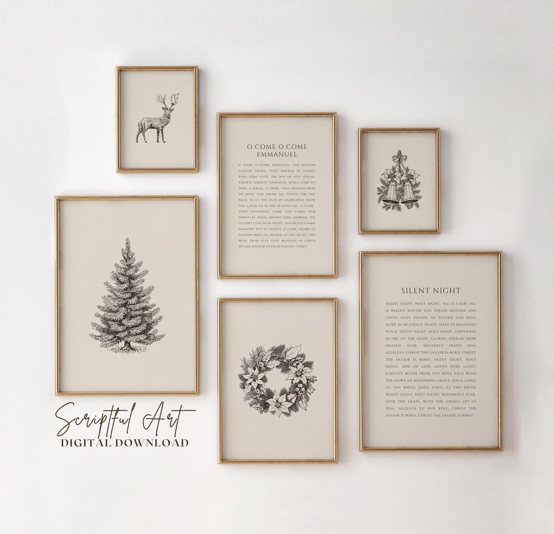 Christmas Carols Hymns Prints: Set of 6, Minimalist Christian Holiday ...