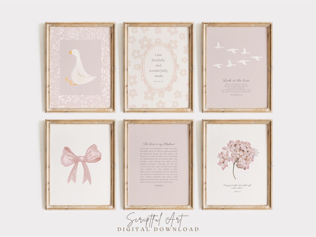 Pink Nursery Gallery Set of 6 Christian Girls Room Decor, Subtle Bible ...