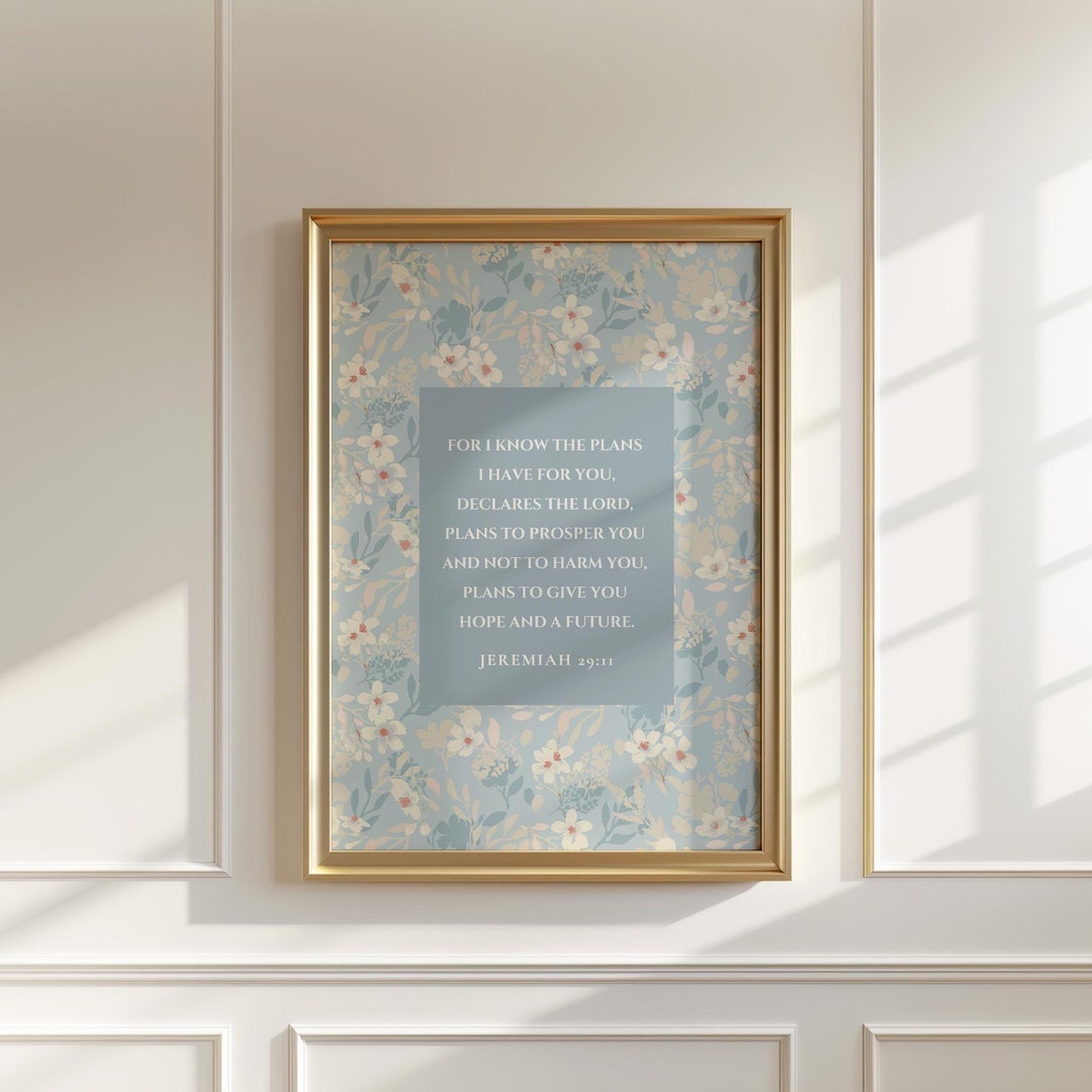 Light Blue Christian Wall Art Floral Poster, I Know the Plans I Have ...