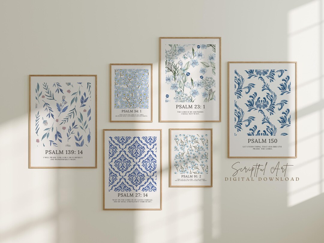 Christian Wall Art Blue Set of 6 Bible Verse Wall Art, Psalms Floral ...