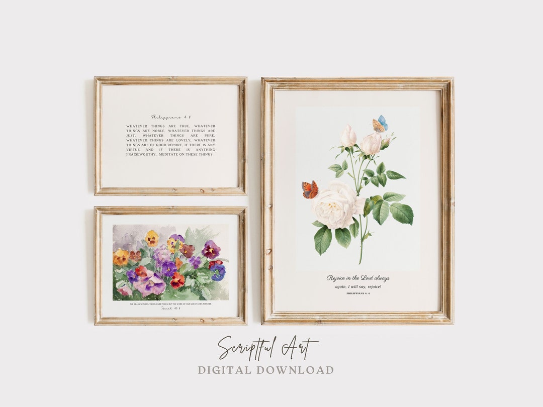 Christian Vintage Floral Posters, Set of 3, the Grass Withers the ...