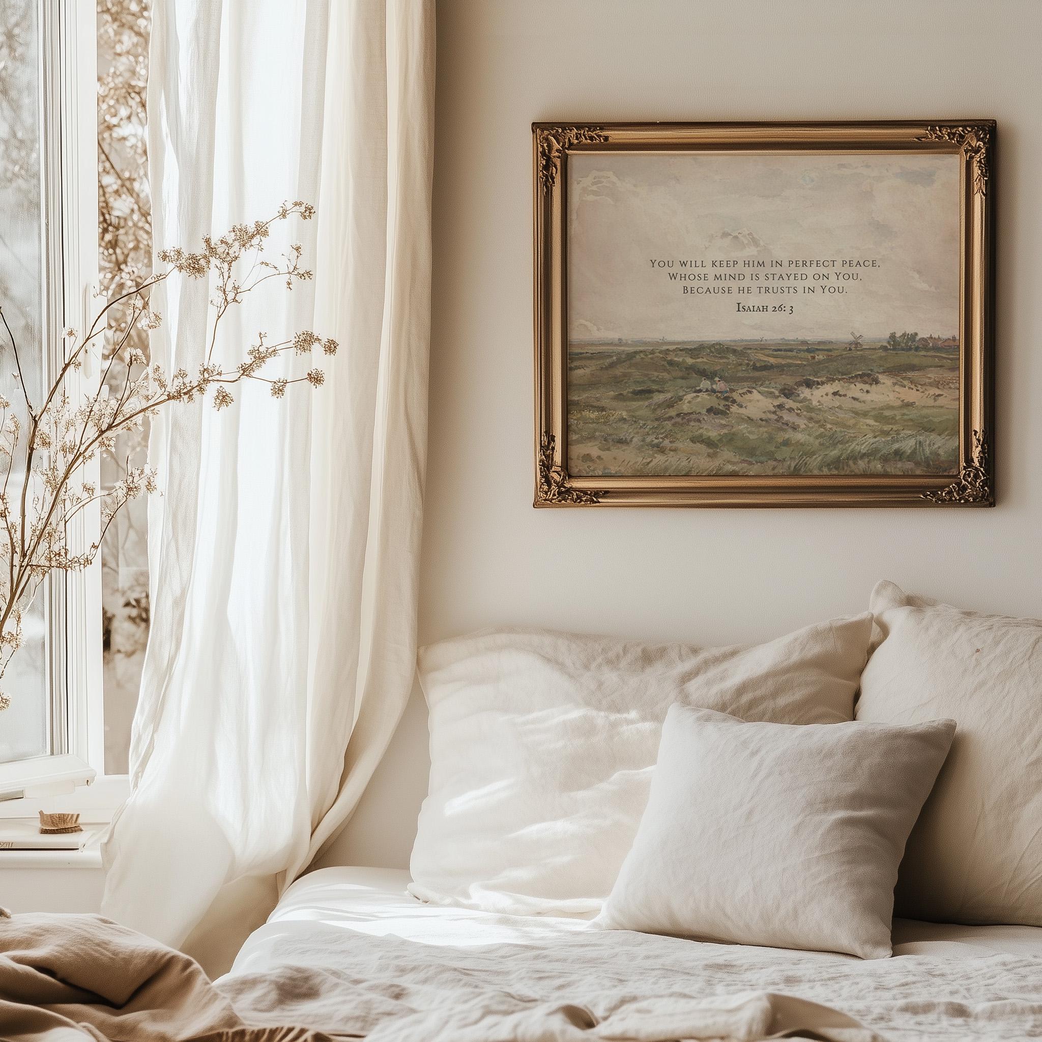 Vintage Christian Wall Art Landscape Bible Verse Print, Isaiah 26:3 ...
