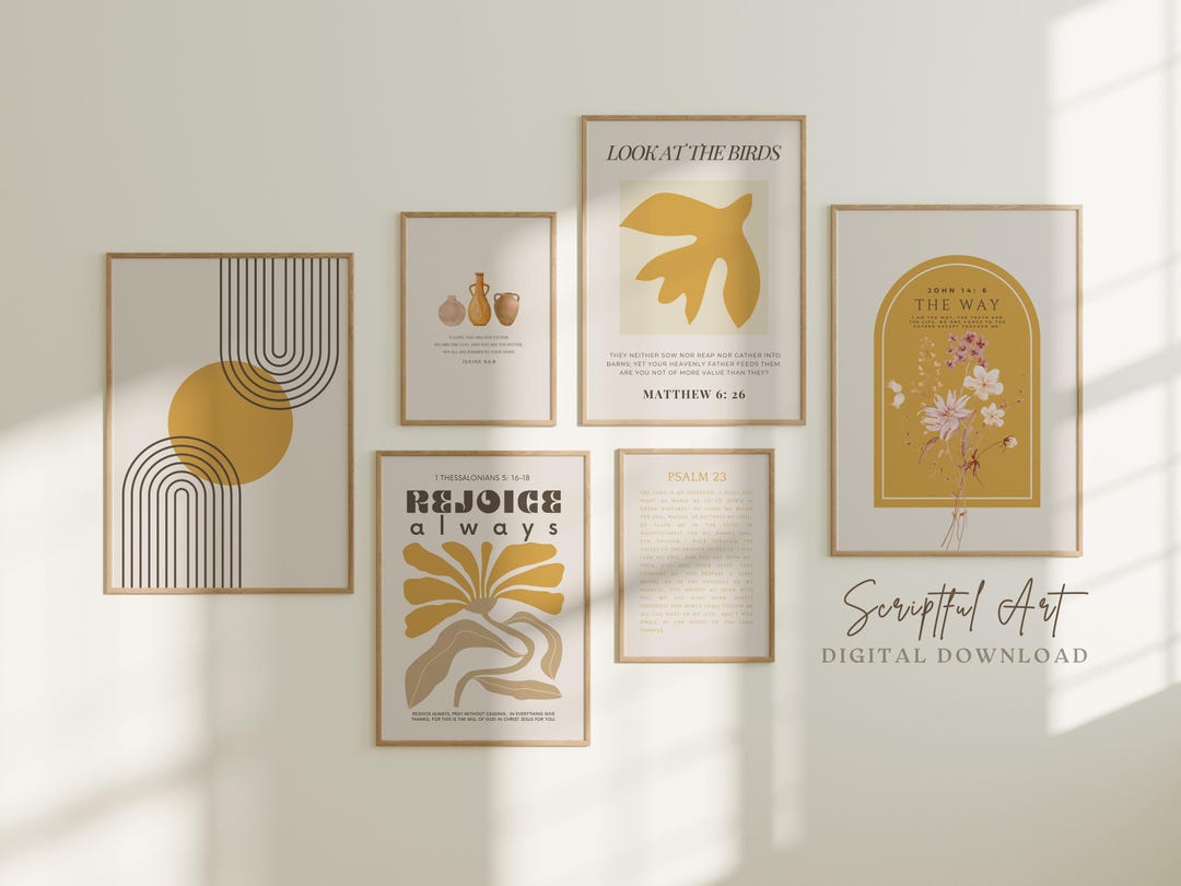Yellow Christian Wall Art, Set of 6, Boho Floral Bible Verse Bundle ...