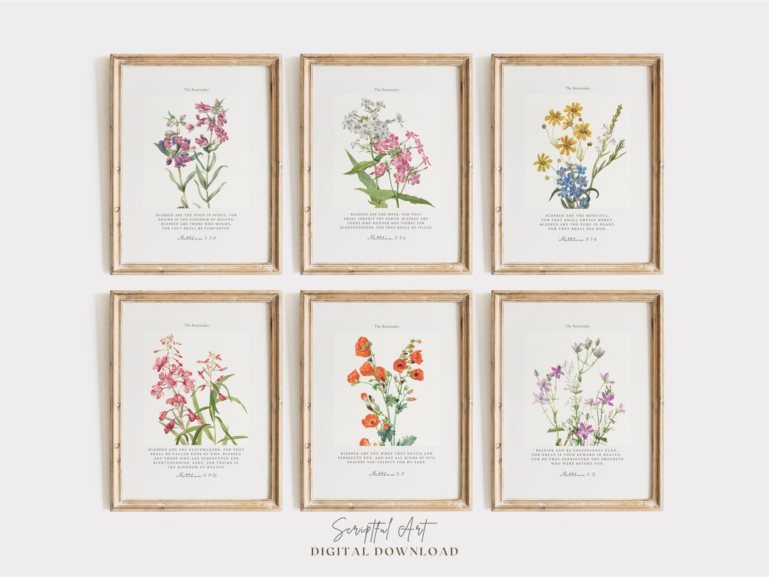 The Beatitudes, Sermon on the Mount Set of 6 Christian Wall Art Floral ...