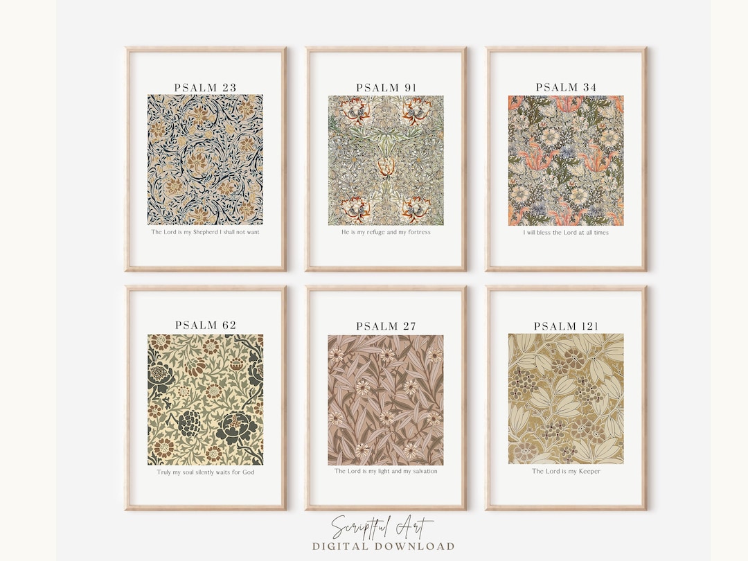 Christian Psalms Wall Art, Set of 6, Vintage Botanical Decor, Psalm 91 ...