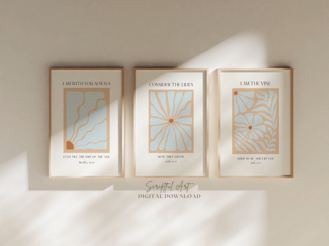 Light Blue Christian Wall Art Set of 3, Retro Floral Bible Verse Prints ...