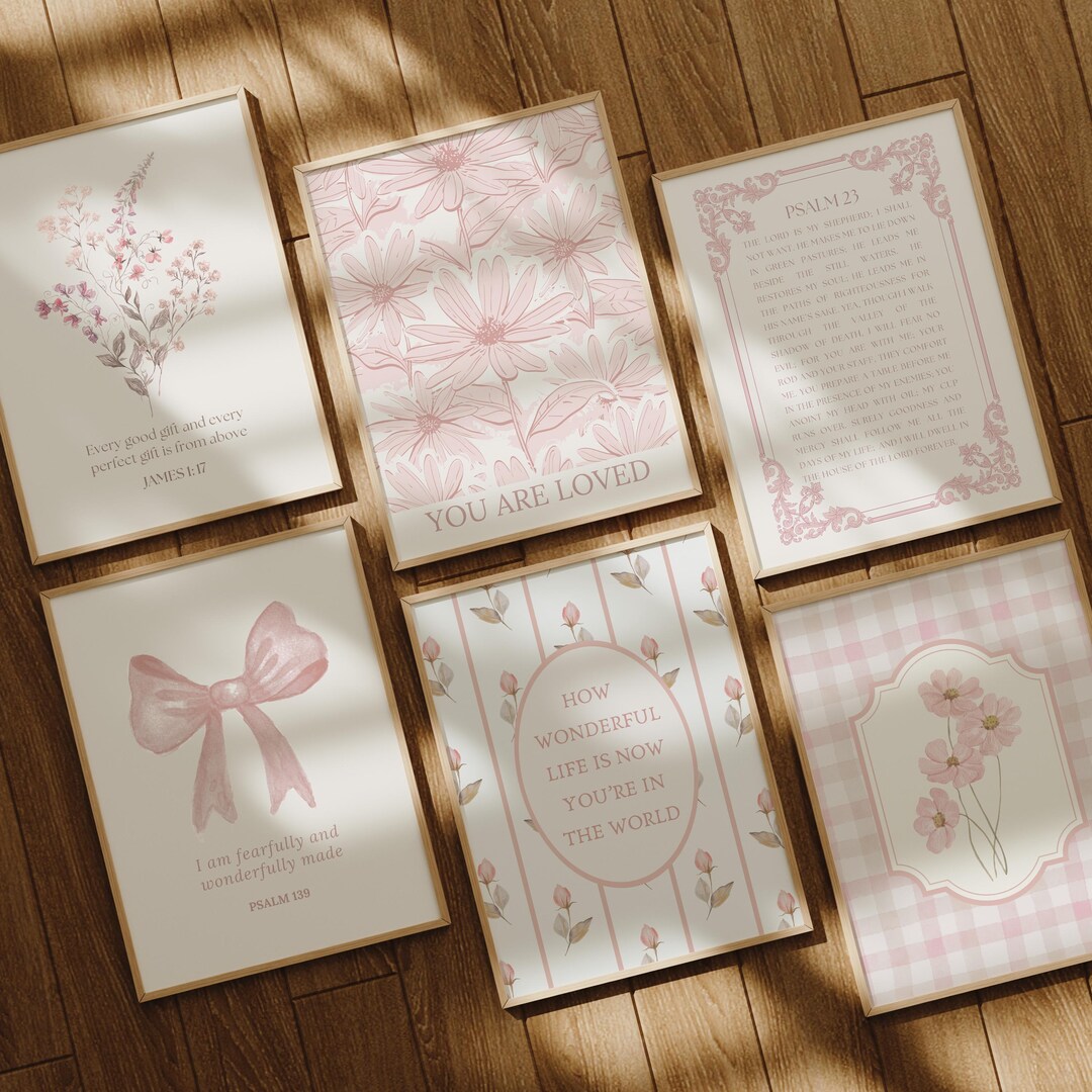 Pink Christian Wall Art Bundle, Set of 6, Girls Nursery Decor Trendy ...