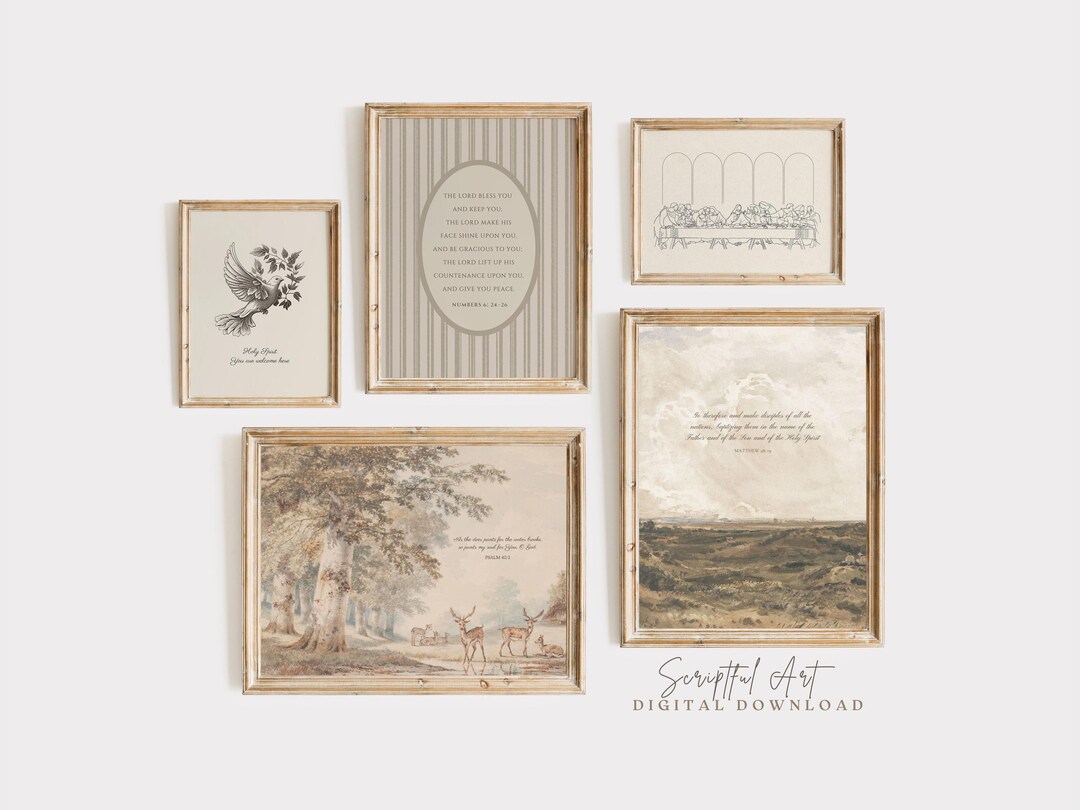Christian Gallery Wall Set of 5, Neutral Scripture Vintage Posters ...