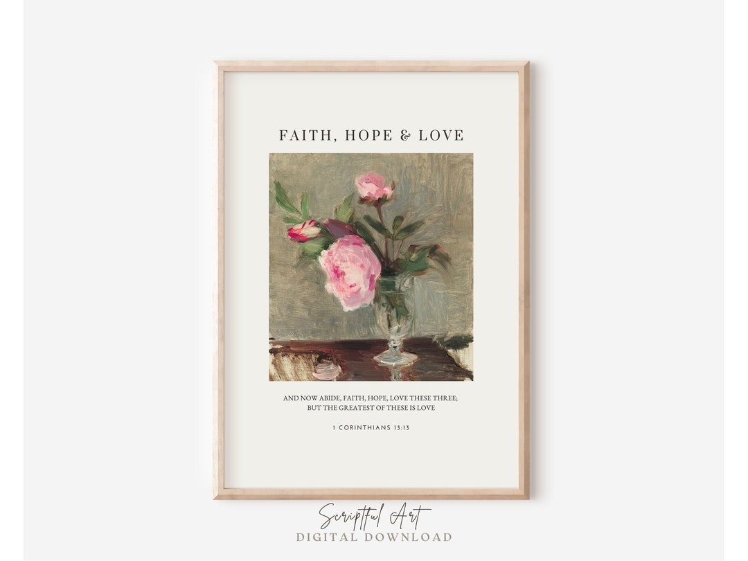Christian Wall Art Pink Roses Vintage Floral Poster, Faith Hope and ...