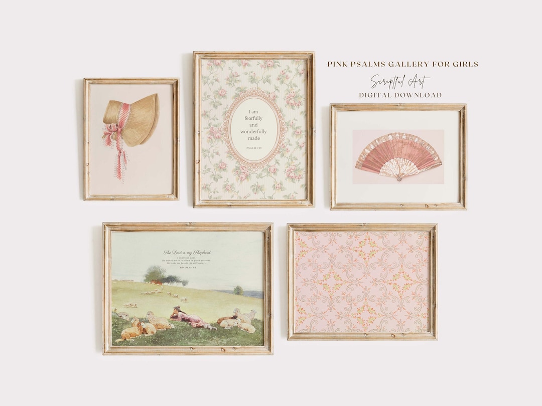 Pink Christian Gallery Wall, Set of 5, Psalm 139, Psalm 23, the Lord is ...