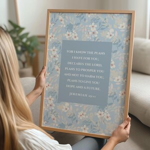Light Blue Christian Wall Art Floral Poster, I Know the Plans I Have ...