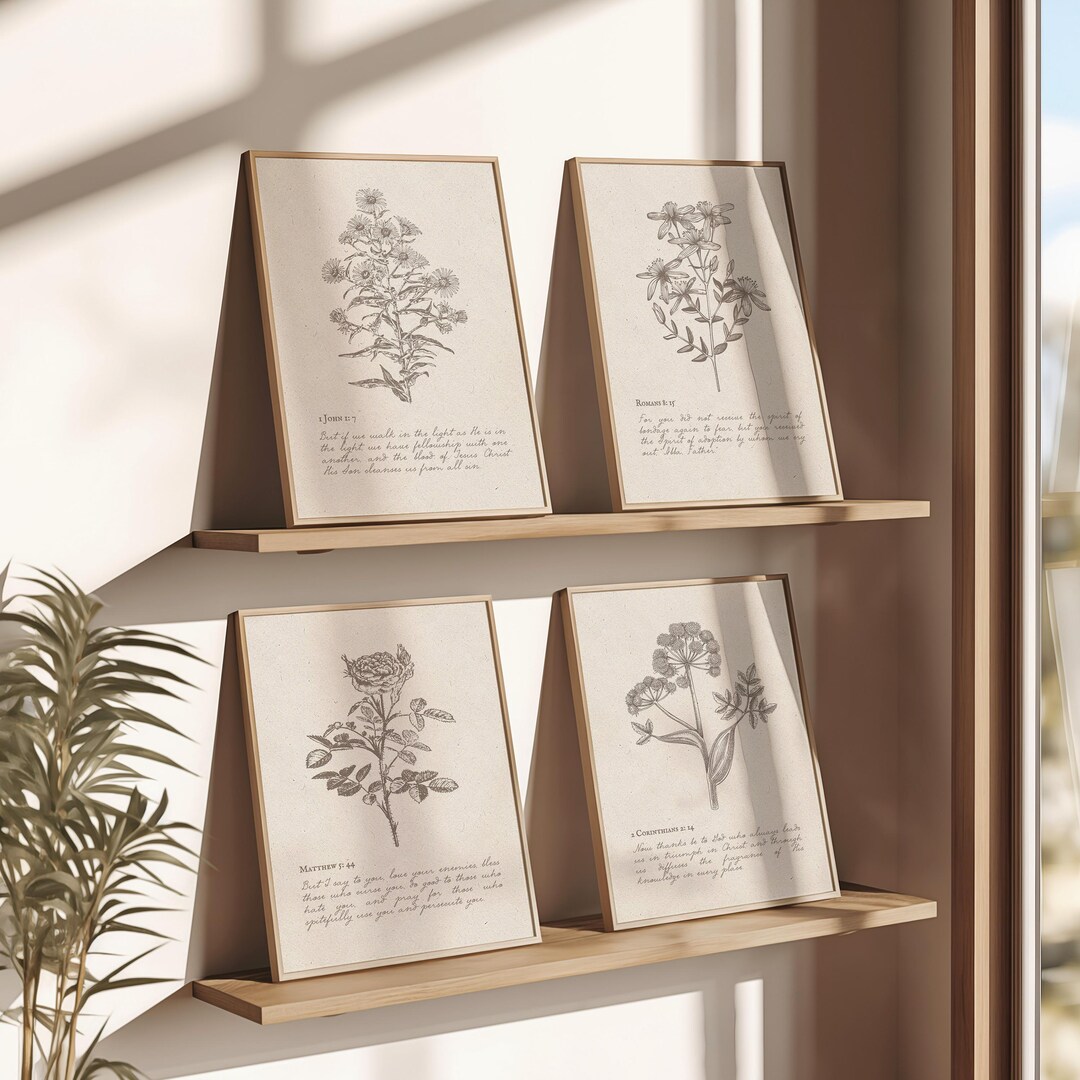 Christian Botanical Wall Art Set of 4 Neutral Bible Verse Prints, Beige ...