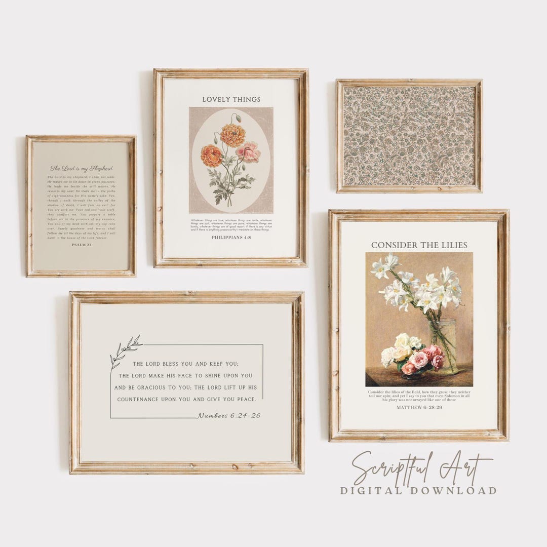 Vintage Floral Bible Verse Prints: Set of 5, Cottagecore Nursery Decor ...