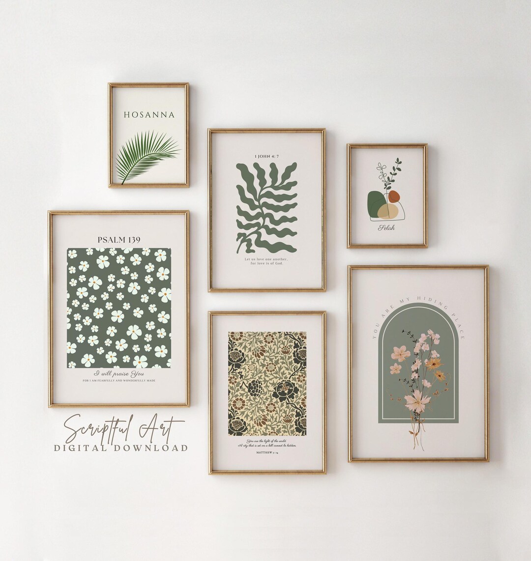 Green Christian Wall Art Bundle Set of 6 Dorm Room Girls Modern Bible ...