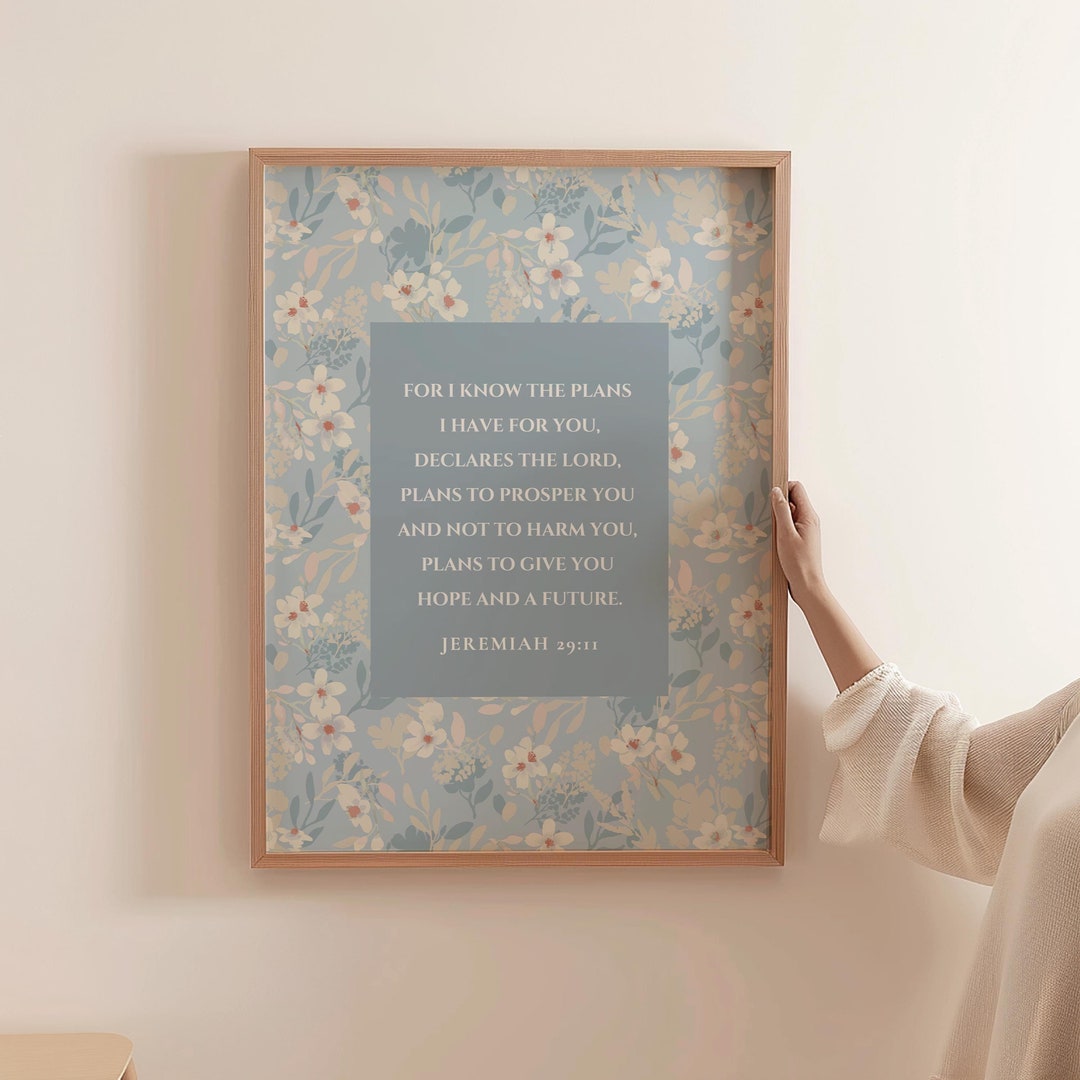 Light Blue Christian Wall Art Floral Poster, I Know the Plans I Have ...