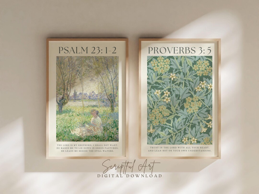 Green Christian Wall Art Set of 2 Botanical Decor Vintage Bible Verse ...