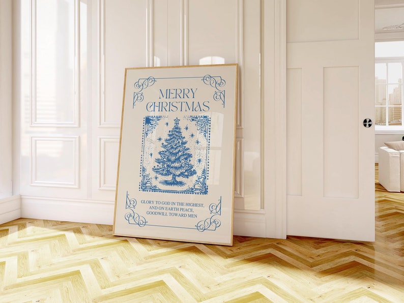 Blue Merry Christmas Poster Modern Christian Christmas Tree Blue Bible ...
