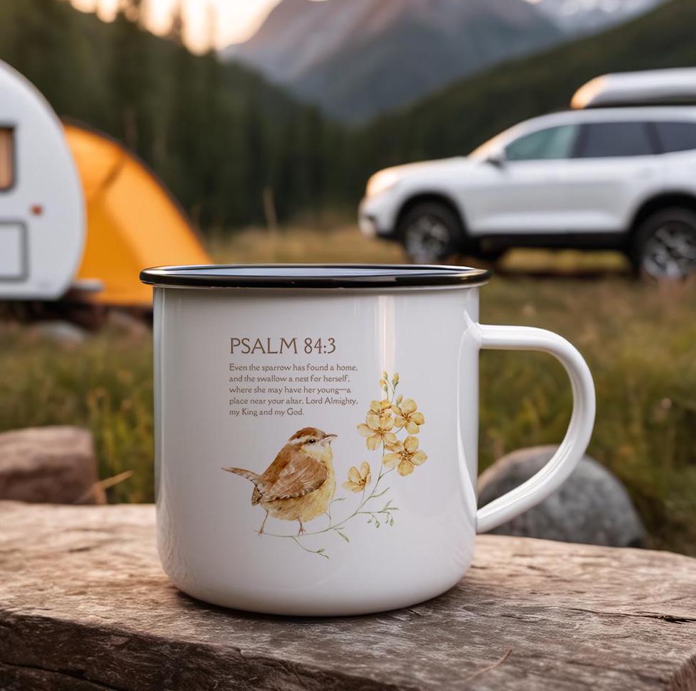 Psalm 84:3 Even the Sparrow Bible Verse Enamel Camping Mug | Sparrow ...