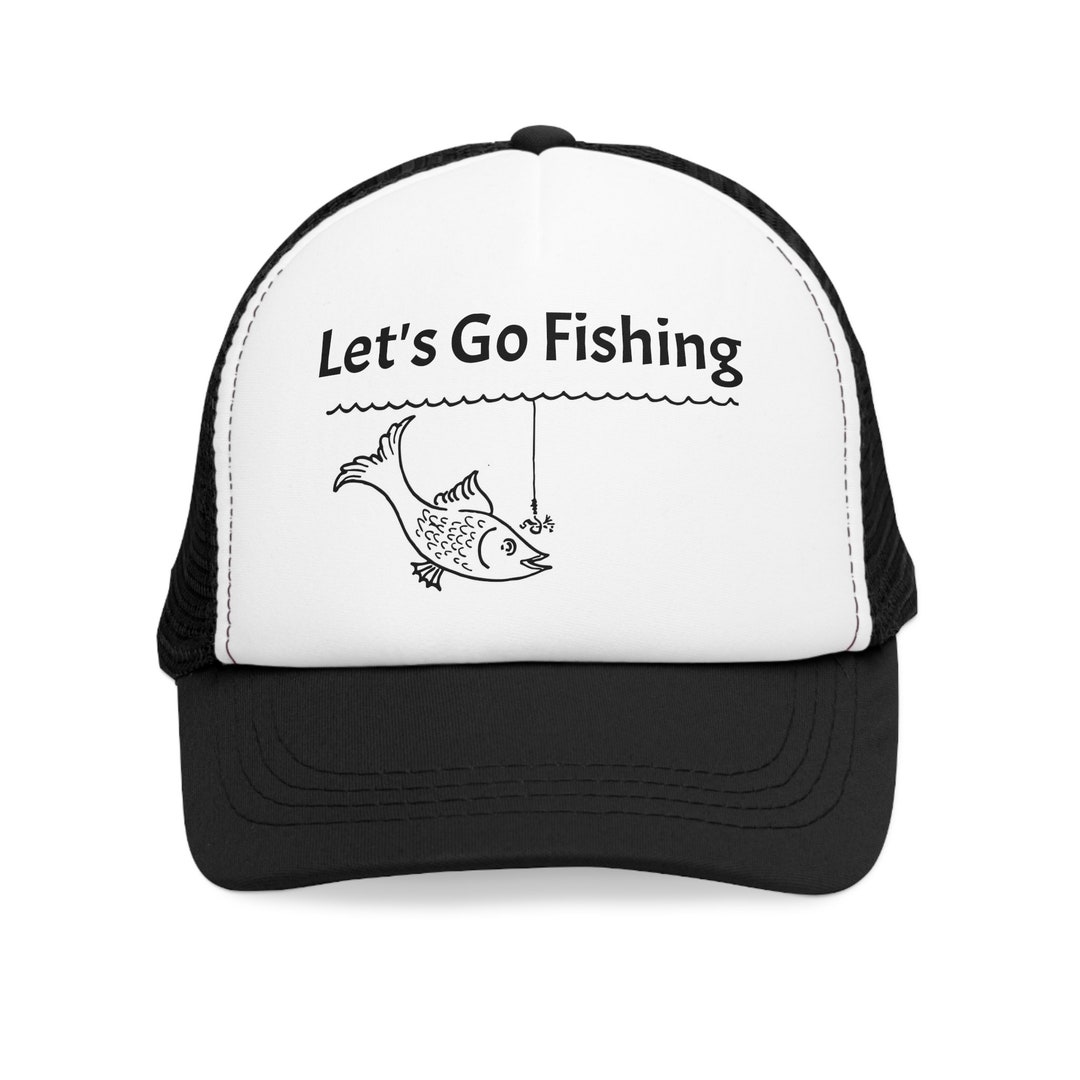 Mesh Fishing Cap With Lets Go Fishing Words on Cap and A Fish About to ...