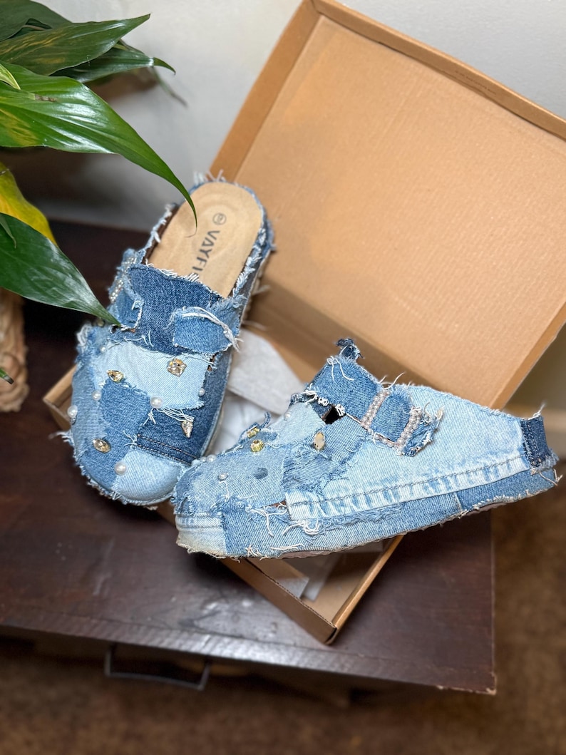 Handmade Denim Patch Slides: Pearl & Rhinestone Embellished Clogs - Etsy