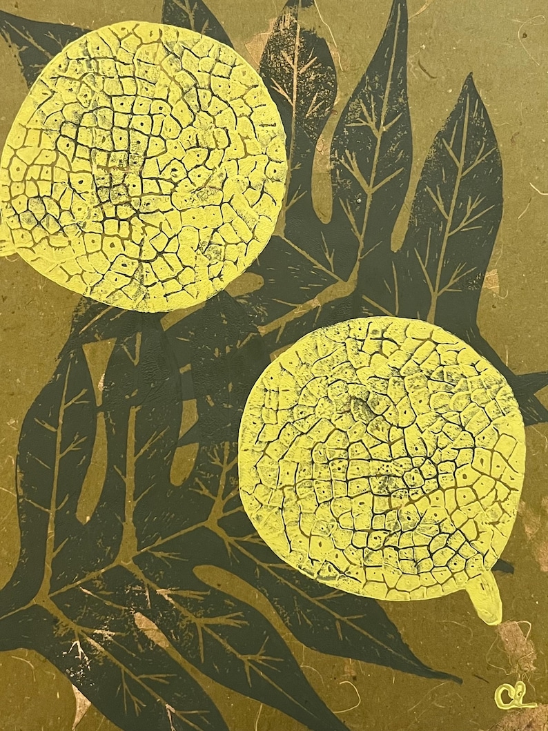 Ulu Vintage, Green Breadfruit, Original Linocut Print, Mango Leaf Paper ...