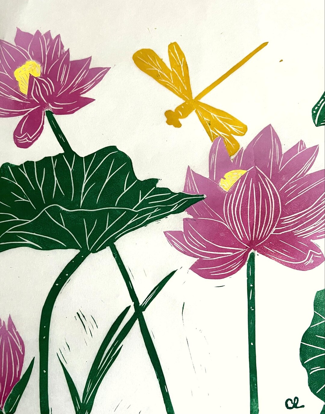 Serene Understanding, Lotus Flowers, Original Linocut Blockprint Art ...
