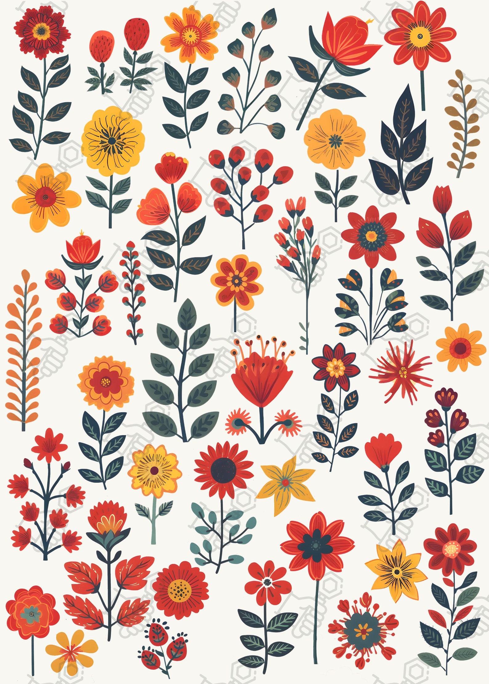 42 Folk Flower Clipart - Scandinavian Flower Clipart, Botanical Digital ...