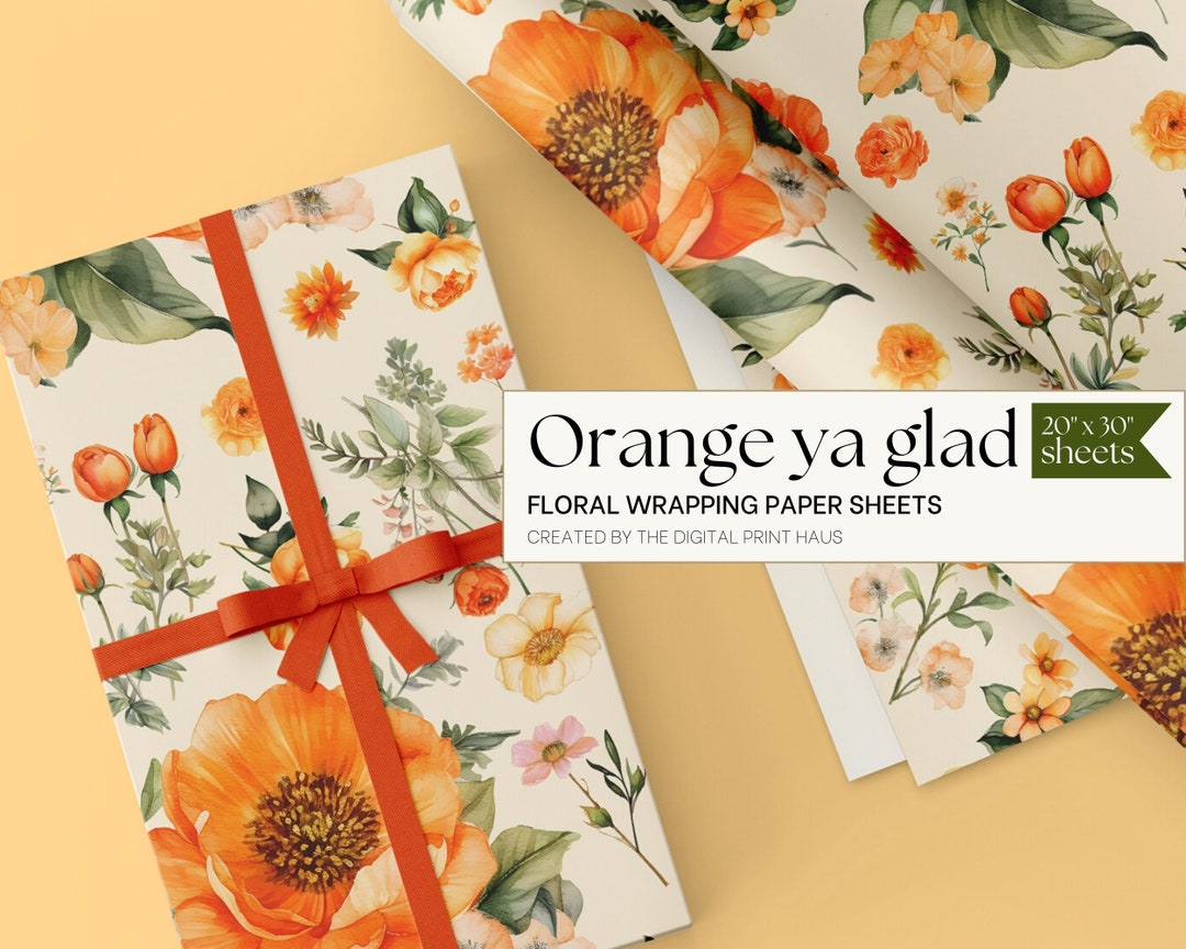 Wrapping Paper Sheets: Orange Watercolor Floral, Gift Wrap, Floral ...