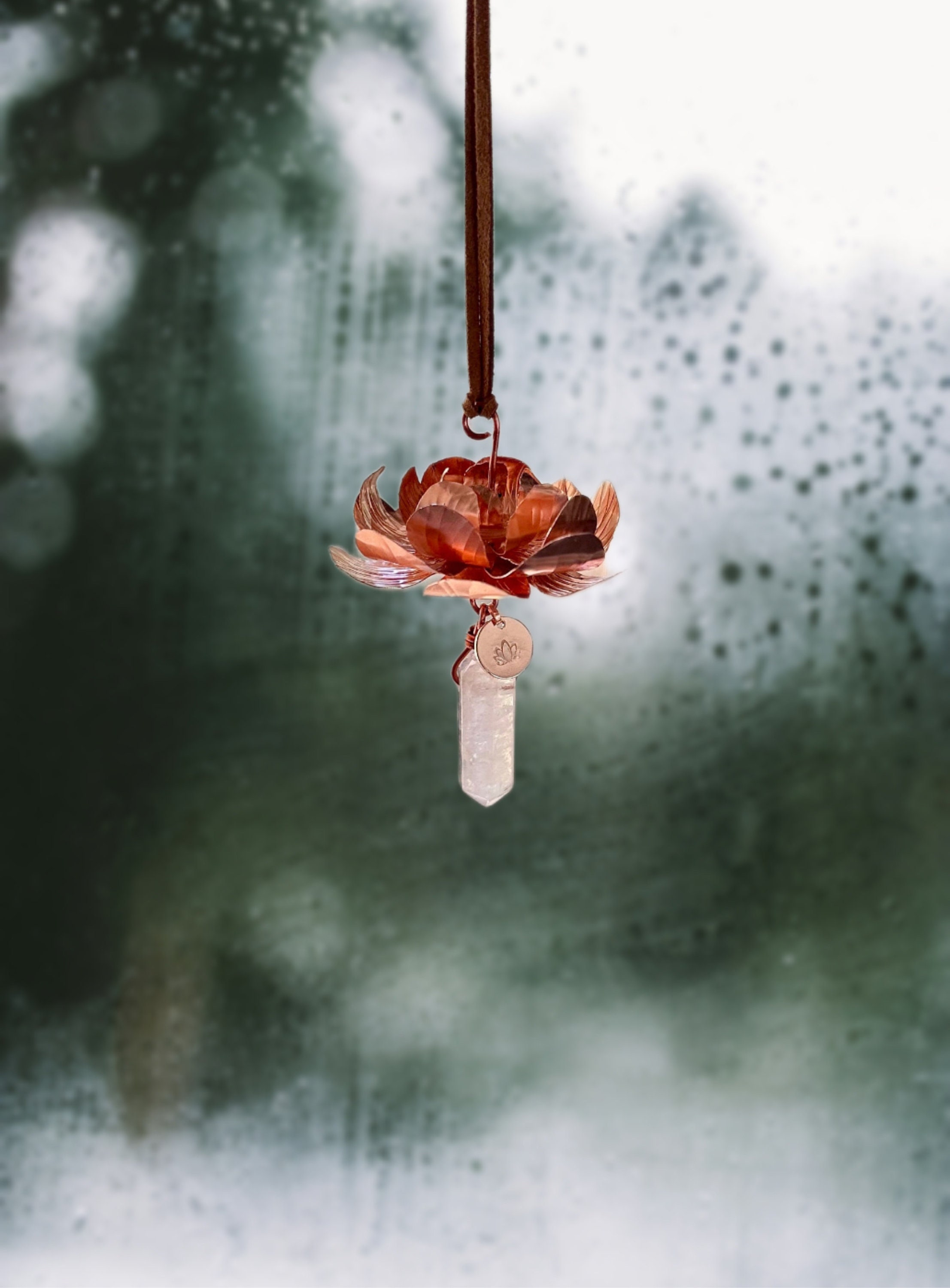Handmade Copper Lotus Flower and Gemstone Window Dangle Rear View ...