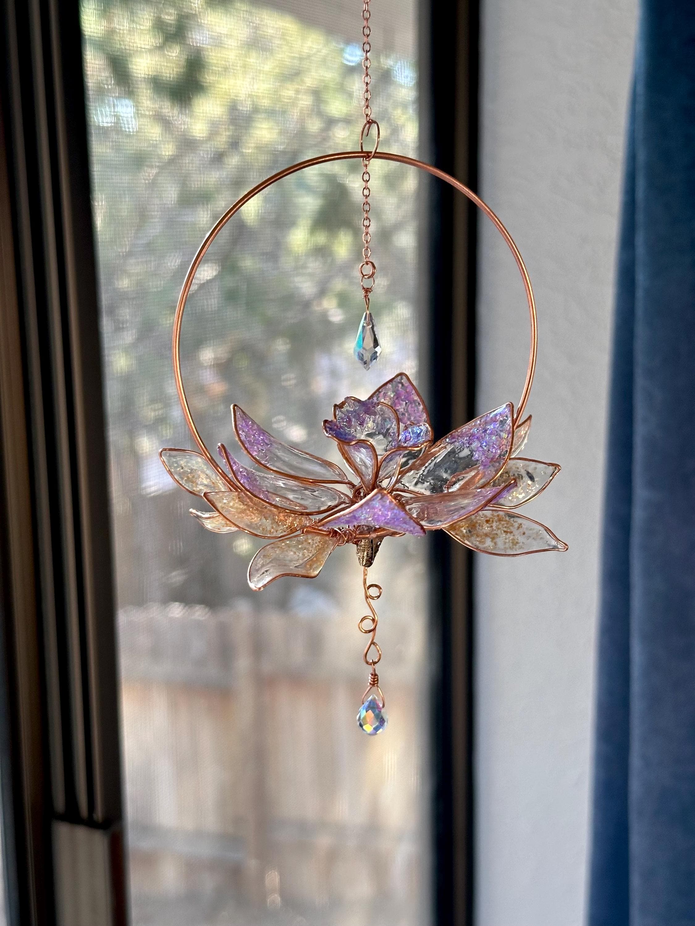 Window Suncatcher Rear View Mirror Copper Wire Epoxy Handmade Lotus ...