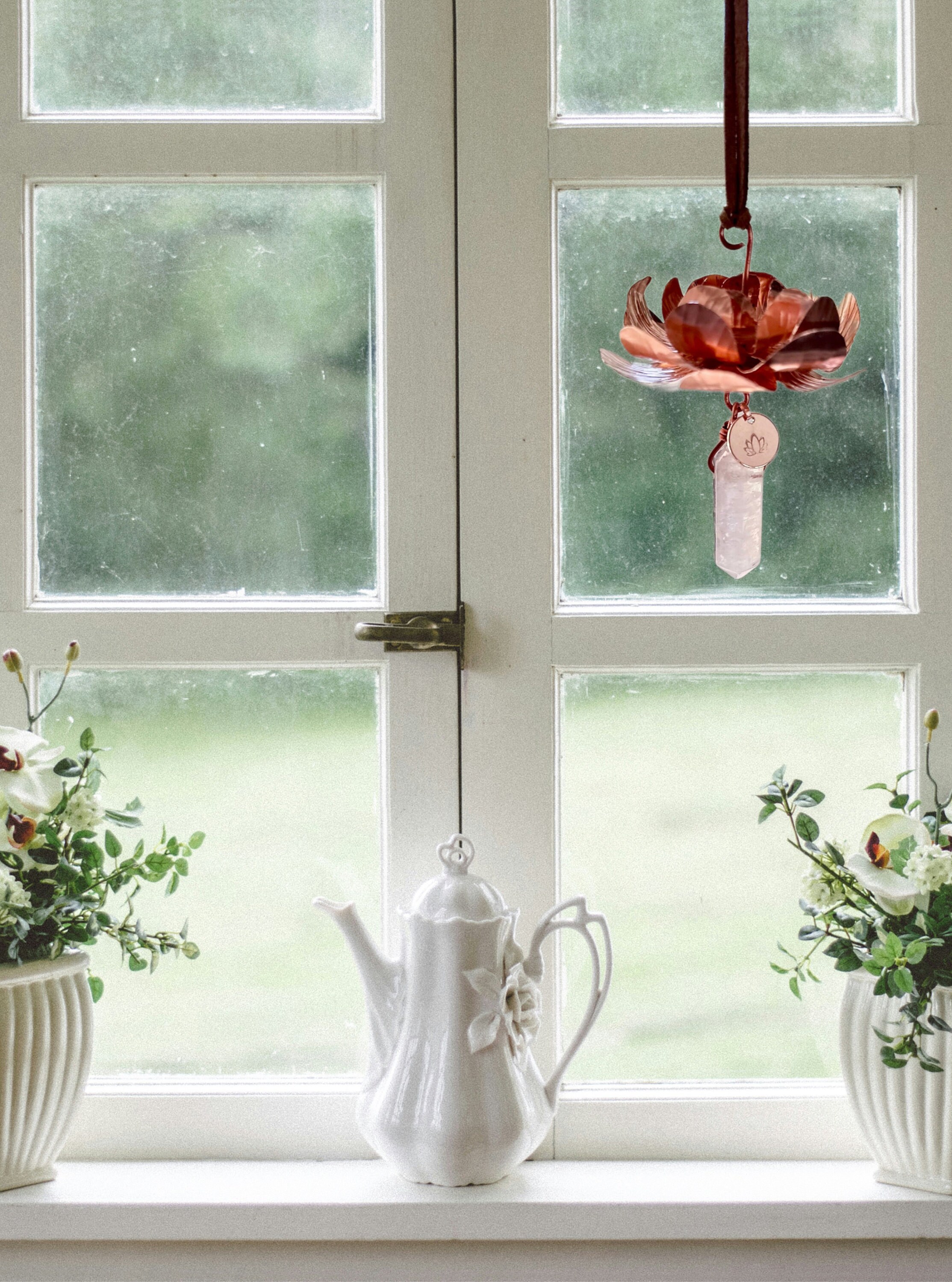 Handmade Copper Lotus Flower and Gemstone Window Dangle Rear View ...